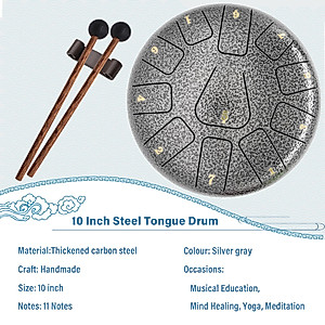 Steel Tongue Drum, 11 Notes 10 Inch Tank drum percussion instrument, C Key Handpan Drum for Kids and Adults, Musical Education Mind Healing Yoga Meditation (silver white Worry Free Drum)
