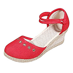 Coerni Women Platform Wedge Sandals Fashion Versatile Braided Buckle Breathable Wedge Sandals Report Sandals for Women (Red, 6.5)