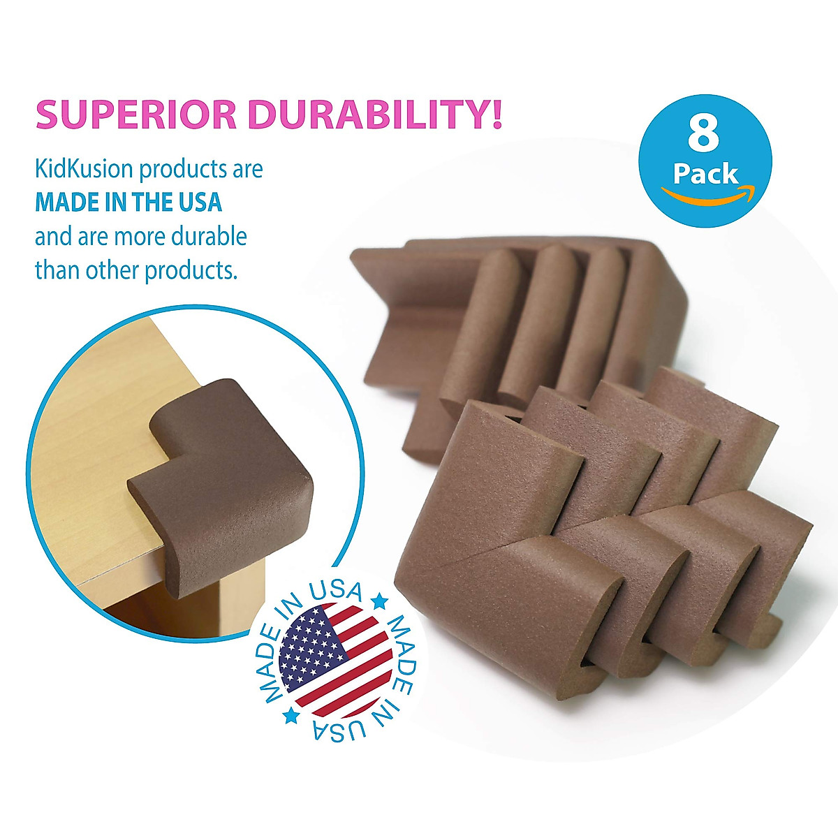 KidKusion Corner Cushion | Made in USA | Brown | 8 Pack | Furniture and Corner Protector