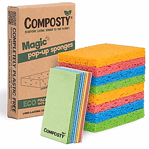 Composty® | Premium 'Pop-Up' Eco Sponges | 12 Pack | Compostable | Zero Waste | Plastic Free | Natural Cellulose | Long-Lasting | 4 Colors: Perfect for Kitchen, Washing Up, Bathroom | One Tree Planted