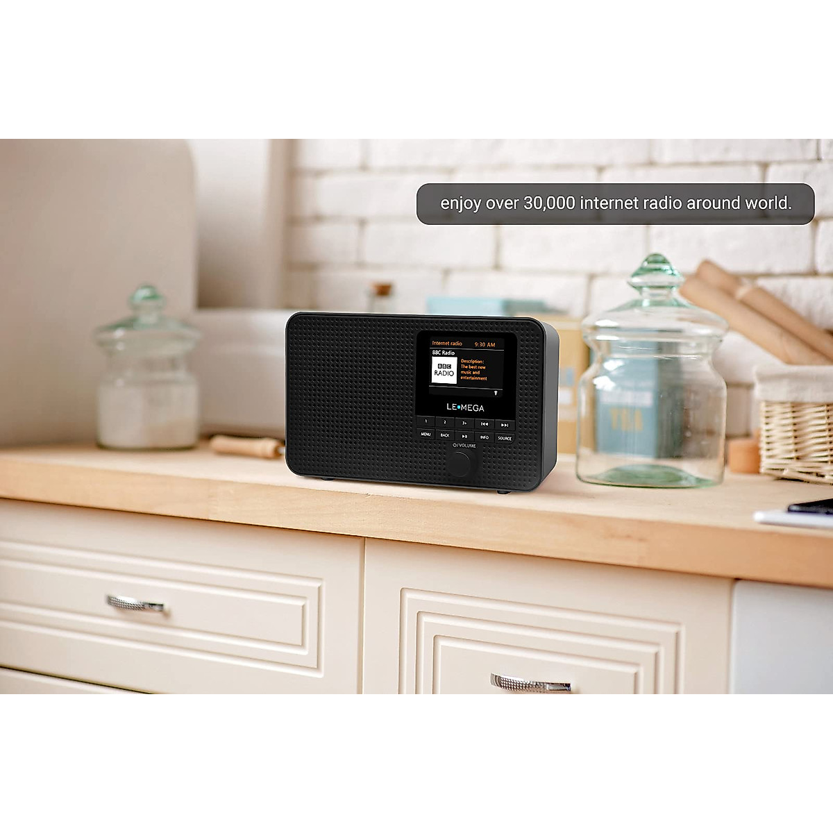 LEMEGA IR1 Portable WiFi Internet Radio,FM Digital Radio,Bluetooth Speaker,Dual Alarms Clock,Sleep Snooze Timer,40 Presets, Headphone-Output,Colour Display,Batteries or Mains Powered – Black Finish