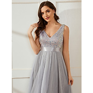 Ever-Pretty Women's Prom Dress Double V-Neck Sleeveless Empire Waist Sequin High Low Tulle Formal Dress Silver US6