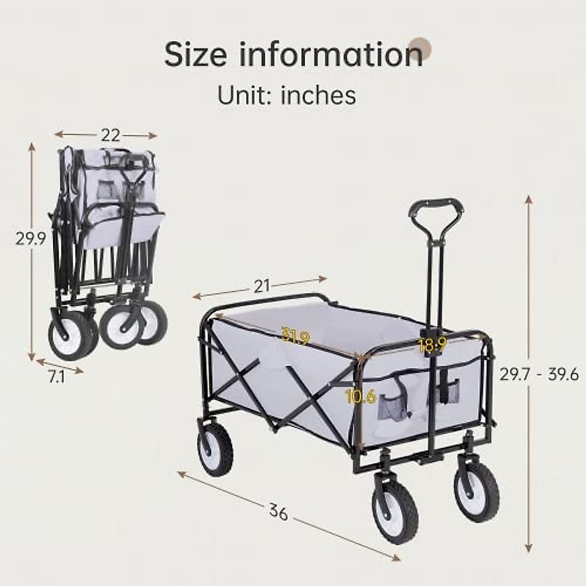 Utility Wagon Outdoor Collapsible Folding Wagon Cart, Portable Garden Cart - Heavy Duty Beach Cart with Adjustable Handles, All-Terrain Wheels and Cup Holders for Garden, Camping, Park Picnic (White)