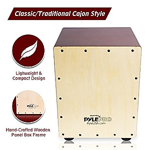 Pyle Snare Style Birch Wood Compact Acoustic Jam Cajon-Wooden Hand Drum Percussion Beat Box with Internal, Deep Bass, Classic Slap, and Crackle Sound-for Kids, Teens, and Adults-PCJD25, Brown (PCJD25)