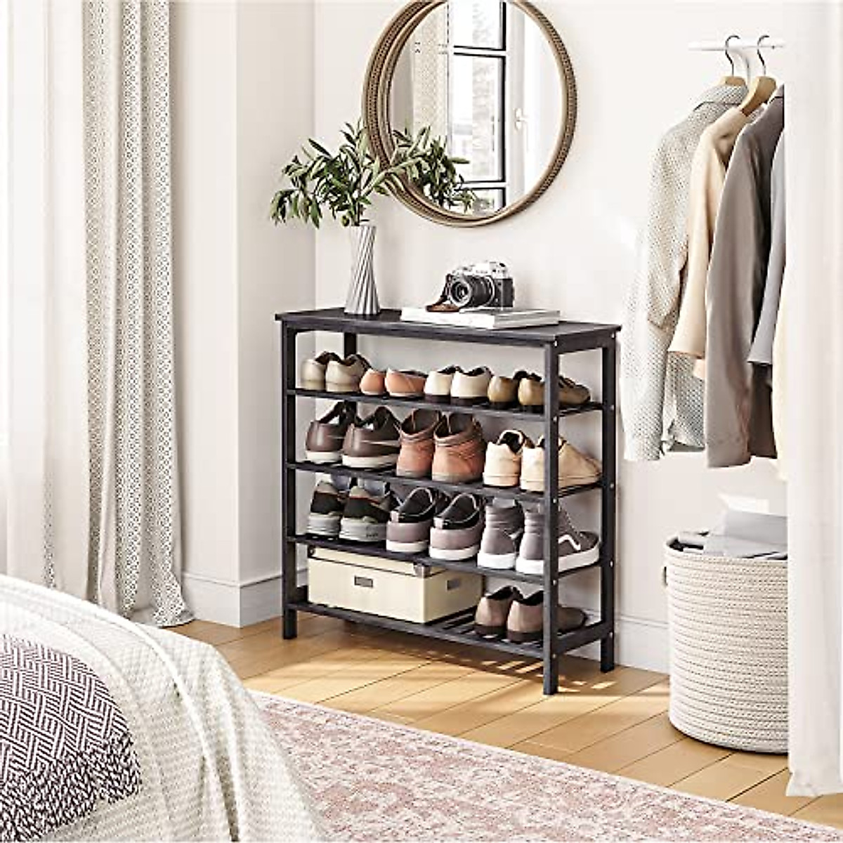 HOOBRO Shoe Rack, 5-Tier Shoe Rack for Entryway, 29.5" L x 11.8" W x 31.5" H, Holds 16-20 Pairs of Shoes, Multifunctional Bamboo Shoe Shelf Storage, Stable and Study, for Closet, Black, BB70XJ01