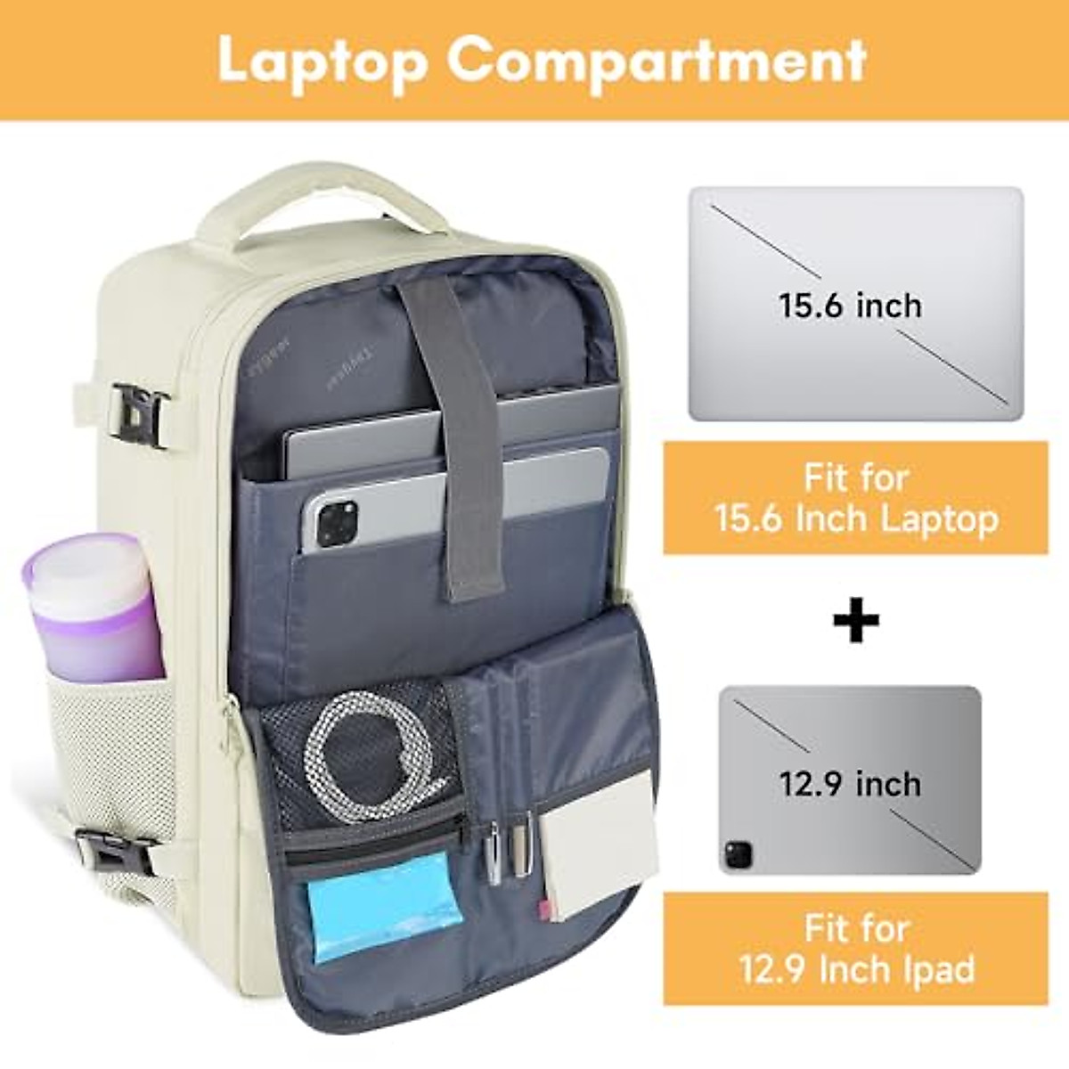 Taygeer Travel Backpack for Women, Carry On Backpack with USB Charging Port & Shoe Pouch, TSA 15.6" Laptop Backpack Flight Approved, College Gym Bag Casual Daypack for Weekender Business Hiking,Beige