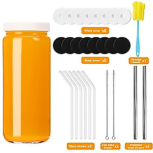 CUCUMI 8pcs 16oz Glass Juice Bottles with Lids, Reusable Juice Containers Drinking Jars Water Cups with Brush, Glass Straws, Lids with Hole and Blank Labels