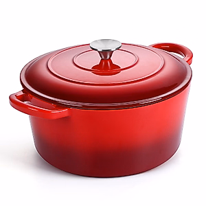 6 Quart Enameled Dutch Oven with Lid, P&P CHEF 6 Qt Cast Iron Dutch Oven Pot, Enamel Round Dutch Oven Cooking Stock Pot for Braising, Stewing, Roasting, Baking, Various Stoves & Oven Safe (Red)