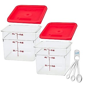 Cambro 6 Qt Square Food Storage Container with Red Lid, 2-Pack Bundle Includes a Measuring Spoon Set