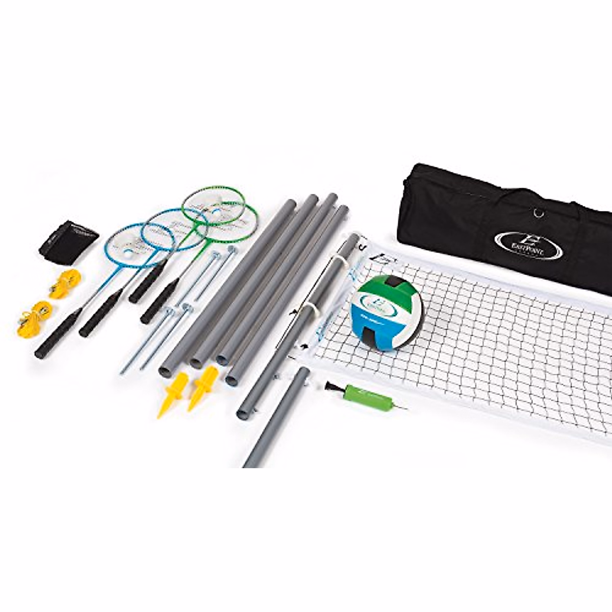EastPoint Sports Deluxe Volleyball Badminton Net Set - Features Weather Proof Material and a Full Set Storage Bag - Includes 1 Volleyball, 4 Badminton Rackets, and 2 Badminton Shuttlecocks
