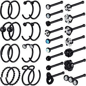 Chinco 32 Pieces C-shaped Nose Ring Bone Stud Hoop Tragus Nose Studs Bone Curved Hoop Tragus Cartilage Hoop Piercing (Black)