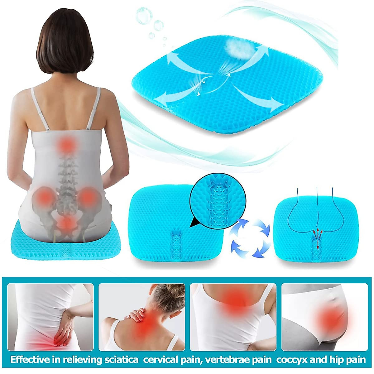 masteymoh Gel Seat Cushion for Long Sitting, Gel Cushions for Pressure Sores Relief, Double Thick Gel Cushion for Sitting, Seat Cushions for Office Chairs with Breathable Nonslip Cover
