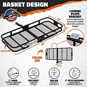 Mockins 60"x20"x6" Folding Trailer Hitch Cargo Carrier & 16 Cu.Ft. Waterproof Tow Hitch Cargo Carrier Bag Set | 500 Lbs. Capacity All-Weather Luggage Rack for Car, SUV, & Truck with Bag & Accessories
