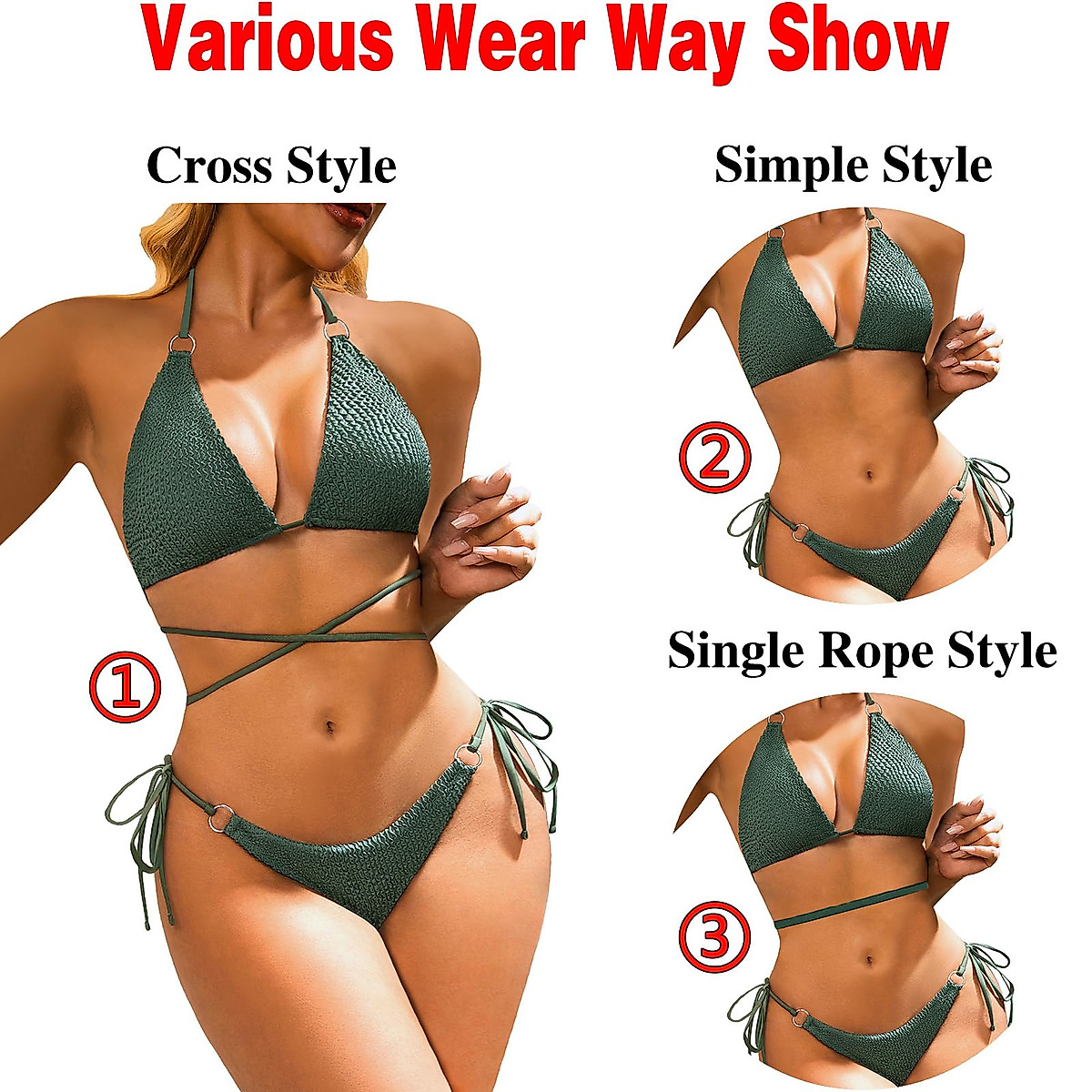HISAGUHE Women Sexy Various Wear Way Bikini Set Two Piece Swimsuit Fashion Metal Ring Bathing Suit Swimwear(Green,M)