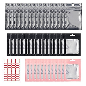 120 PCS Resealable Mylar Ziplock Bags, Self Sealing Food Storage Bags with 120 PCS Label Stickers, Smell Proof Packing Bags with Clear Window for Candy Food, 3 Color, 2 Different Size