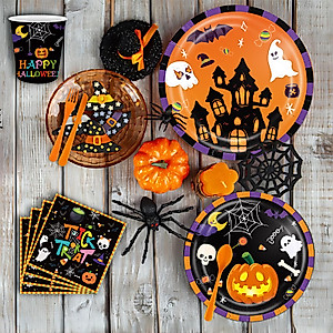Halloween Party Supplies Tableware Set 170 Pcs, Halloween Night Themed Banner Plates Cups Napkins Knives Forks Spoons Tablecloth for Halloween Party Trick or Treat Party Halloween Table Decorations