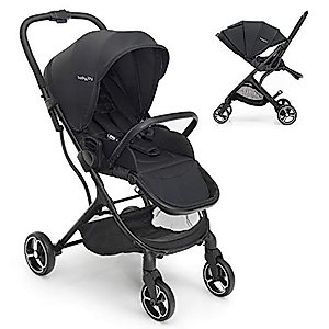 BABY JOY Baby Stroller, Front Rear Facing Toddler Carriage w/Convertible Seat, Cup Holder, 5-Point Harness, Adjustable Handle/Canopy/Backrest, Storage Basket, One-Step Brake Foldable Stroller (Black)