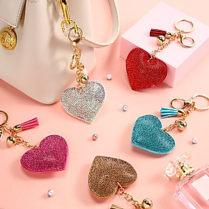 Bling Rhinestone Heart Shape Keychains Glitter Crystal Heart Tassel Keychains Key Rings for Women Girls (Mixed Color, 10)