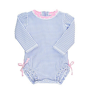 RuffleButts® Baby/Toddler Girls Long Sleeve One Piece Swimsuit - Blue Seersucker with UPF 50+ Sun Protection - 6-12m