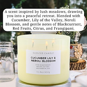 Cucumber, Lily of The Valley & Neroli Blossom Luxury 3-Wick Candle | Large Scented Candles for Home 15.8 oz | Relaxing Aromatherapy Stress Relief Candles | Natural Soy Candles for Women & Men