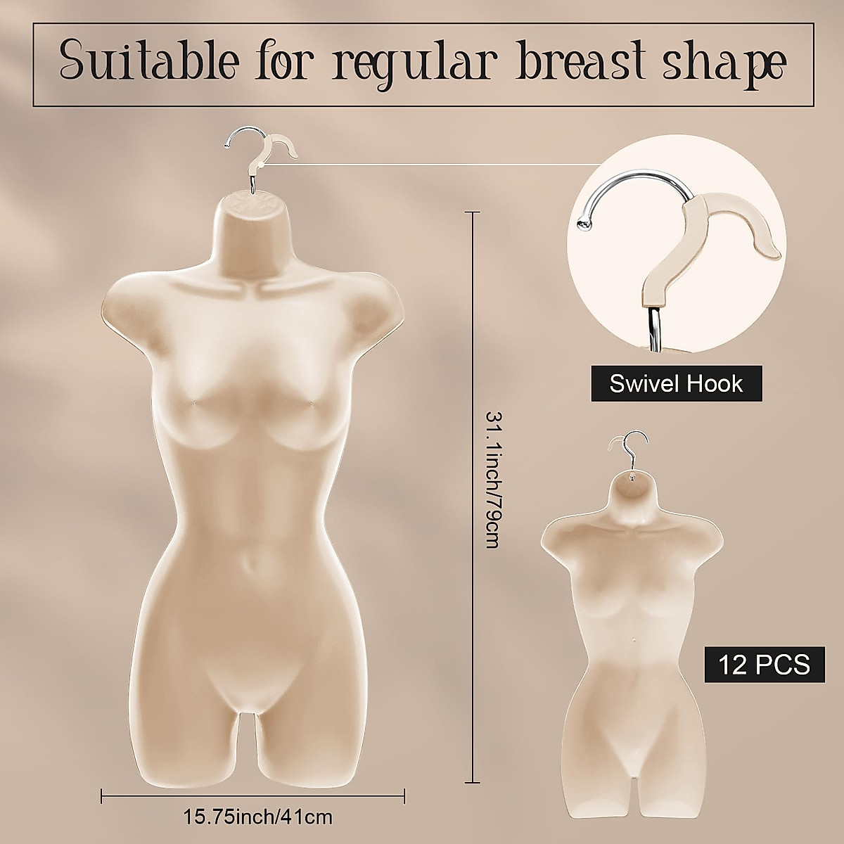 Kigley 12 Pcs Female Mannequin Torso Hanging Mannequin Flesh Colored Dress Form Hollow Back Thickened Plastic Female Clothing Mannequin with Hanging Hook for Clothes Display, 31.1 x 16.1 Inch