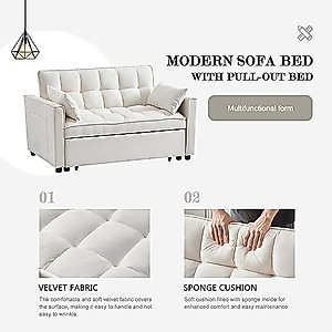 Ugijei 55.5'' 3-in-1 Convertible Sleeper Sofa Bed, Velvet Pull Out Sofa Bed with Pull Out Bed, Adjustable Backrest, Storage Pockets & Pillows, Modern Pull Out Couch for Living Room Furniture (Beige)