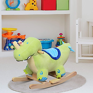 Qaba Kids Plush Ride-On Rocking Horse Toy Dinosaur Ride on Rocker Green with Realistic Sounds