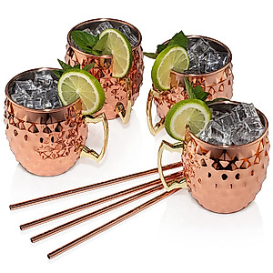 Copper Mugs Moscow Mule Set Of 4 - 18oz Moscow Mule Mugs - Stainless Steel Lining Pure Copper Plated Moscow Mule Cups - Diamond Hammered Design - Moscow Mule Cups Set Of 4 With Straws And Straw Brush