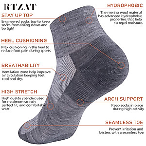RTZAT 90% Merino Wool Ankle Men's Women's Athletic Business Casual Running Moisture Wicking Everyday Thin Wool Socks, Small, Ash Grey, 3 Pairs