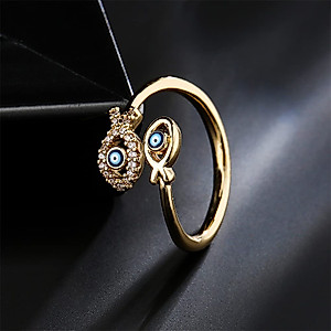 Double Fish Blue Evil Eye Wrap Open Rings 18K Gold Plated Sparkly Cubic Zirconia Good Luck Statement Adjustable Stacking Middle Tail Finger Thin Ring for Women Symbol of Protection Talisman Amulet Lucky Jewelry Fashion CZ Gifts for Mom