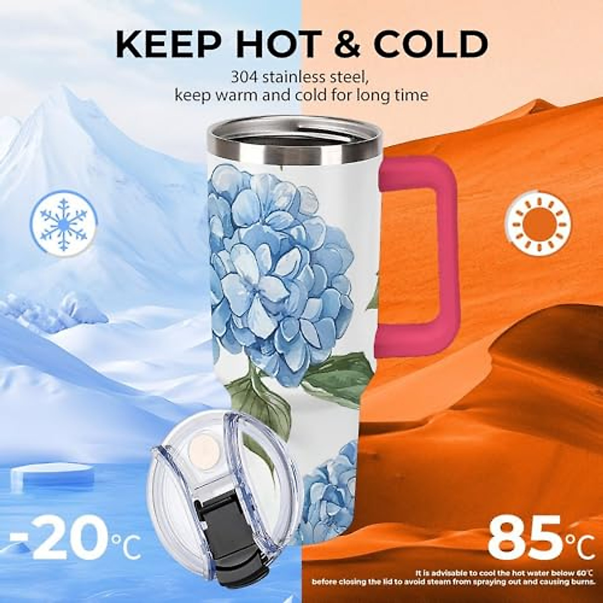 40 Oz Vacuum Tumbler with Light Rose Red Handle Leakproof Insulated Tumbler Blue Hydrangea Pattern Stainless Steel Travel Mug with Lid And Straw Coffee Cup Cute Water Bottles Cup Holder Friendly