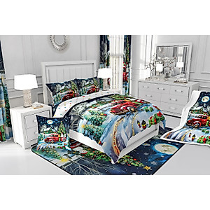 Rustic Farmhouse Xmas Comforter Set King Size,Retro Red Truck Snowman Duvet Insert for Kids Boys Girls Room Decor,Snowflake Cabin Christmas Tree Bedding Set 3Pcs,Xmas Theme Quilt Set,2 Pillowcases