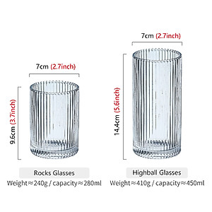 Drinking Glasses with Origami Style Set of 4pcs Glass Cups,2 Highball Glasses & 2 Rocks Glasses,Elegant Ripple Vintage Glassware,Iced Coffee Glasses,Ideal for Cocktail, Whiskey, Beer, Juice, Water