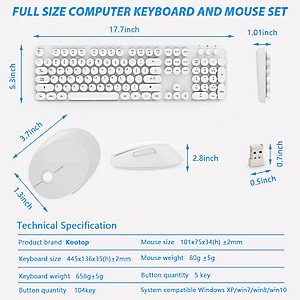 Wireless Keyboard Mouse Combo, 104 Keys Cute Colorful Keyboard with Number Pad & Mouse for Windows, Computer, PC, Notebook, Laptop (White)
