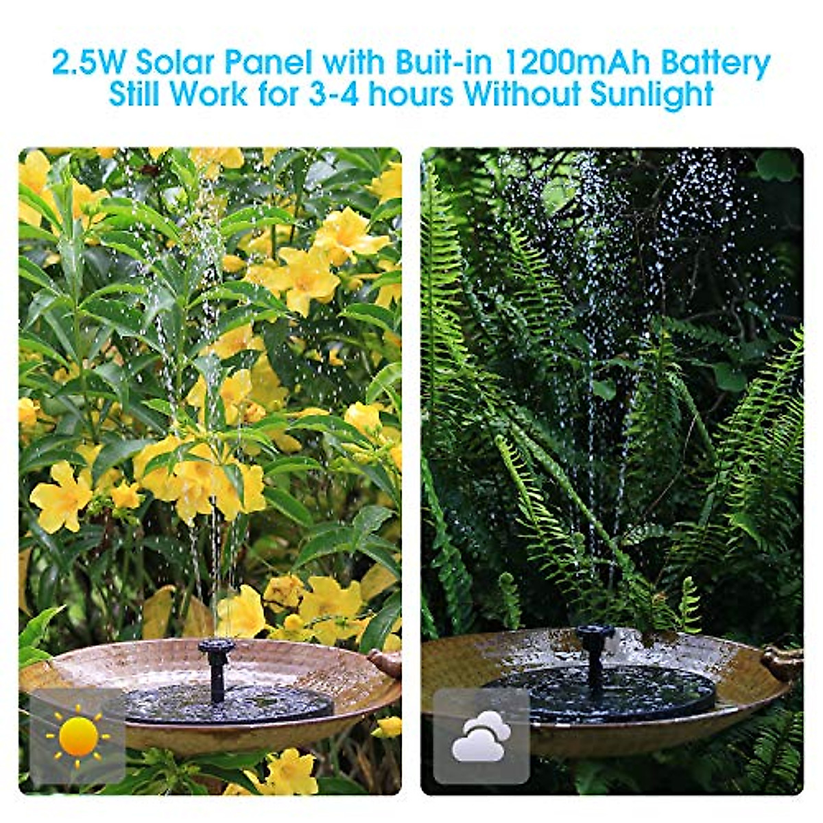 2.5W Solar Fountain Pump with 1200mAh Battery, Solar Water Pump Floating Fountain with 6 Nozzles, for Bird Bath, Fish Tank, Pond or Garden Decoration Pond heaters for Outdoor Ponds