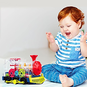 Berry President Transparent Electric Gear Train Toy with Flashing Lights and Music, Battery Operated Bump & Go Action Train Toys for 2 3 4 5 Year Old Boys Toddlers