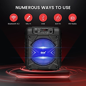 Pyle Portable Bluetooth PA Speaker System - 300W Rechargeable Indoor/Outdoor Bluetooth Speaker Portable PA System w/ 8” Subwoofer, AUX, Microphone in, Party Lights, MP3/USB, Radio, Remote PPHP854B