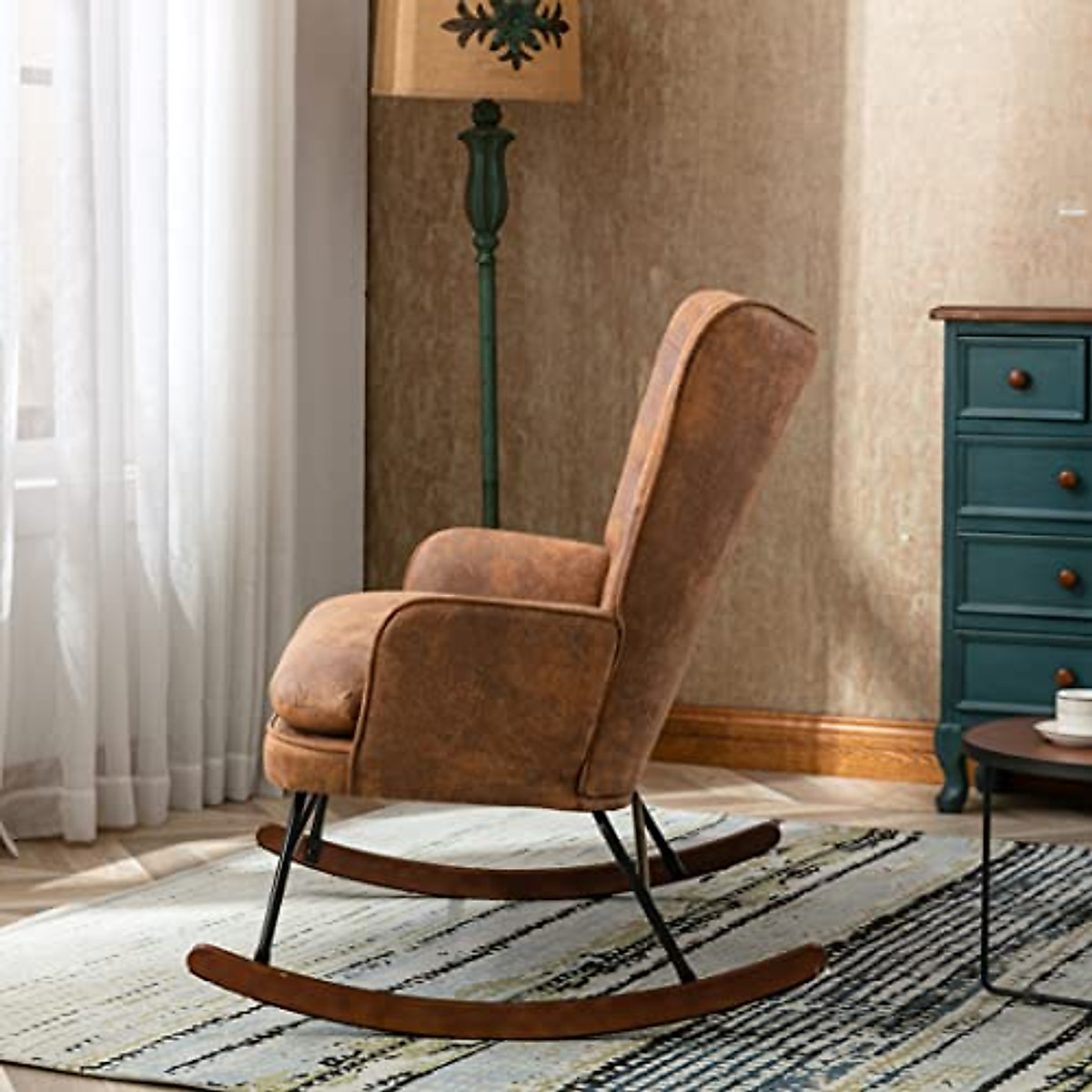 Henf Oversized Rocking Chair, Modern Velvet Rocker Armchair Loveseat Chair with Tufted High Back and Padded Seat Comfortable Accent Glider Rocker for Nursery Living Room Bedroom, Coffee