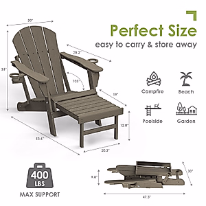 GREENVINES Folding Adjustable Backrest Adirondack Chairs with Ottoman | Set of 2 | Wood Grain | HDPE All-Weather Reclining Firepit Chair | Cup Holders & Footrest | Grey