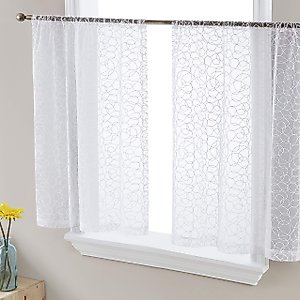 HLC.ME Audrey Embroidered Sheer Voile Window Curtain Short Rod Pocket Tiers for Kitchen, Bedroom, Small Windows and Bathroom (30 x 24 inch Long, White)