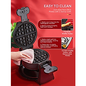 Waffle Maker, Belgian Waffle Maker Iron 180° Flip Double Waffle, 8 Slices, Rotating & Nonstick Plates, Removable Drip Tray Easy to Clean, Cool Touch Handle, Handle Lock for Easy Storage, 1400W (Red)
