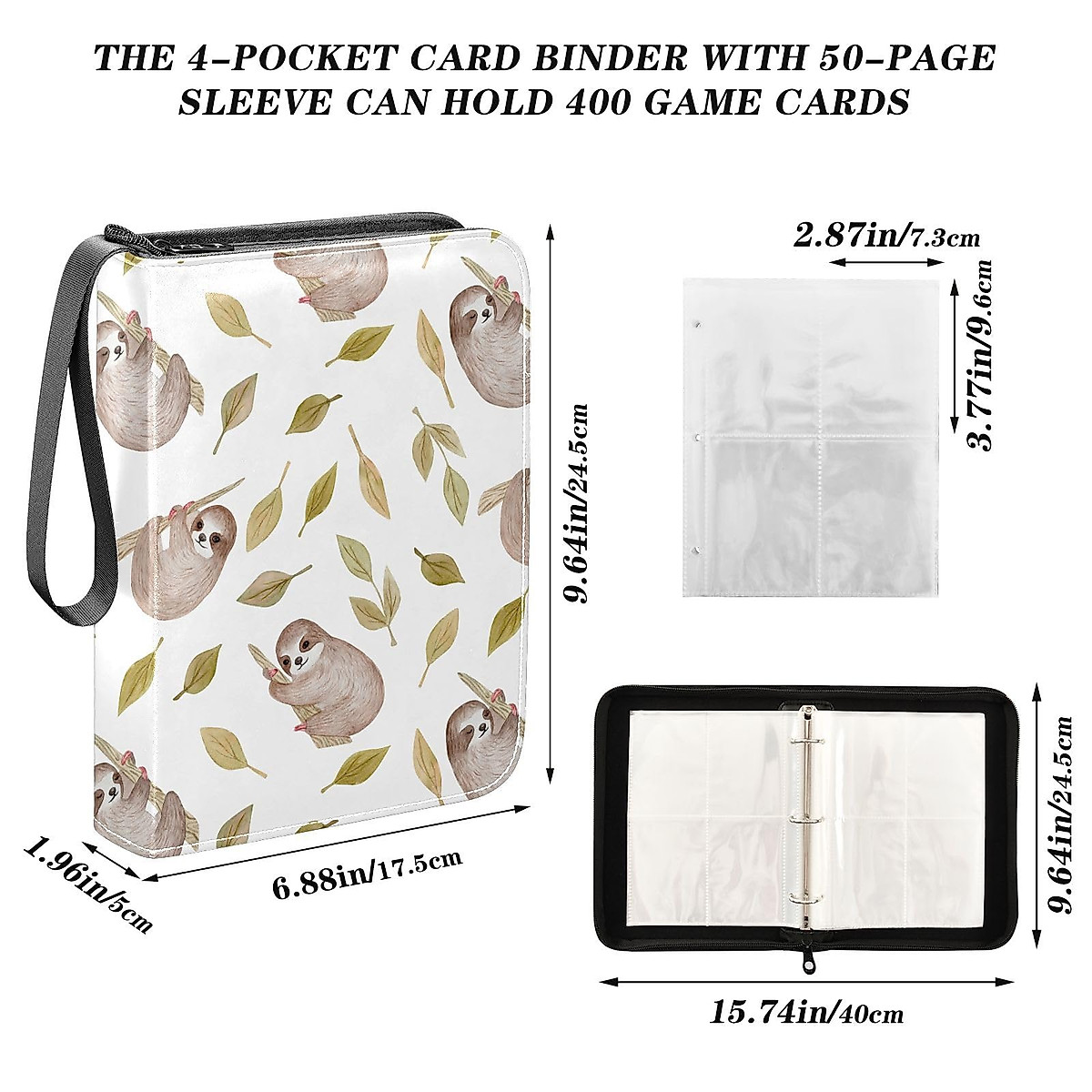 PYBUG Cute Sloth Trading Card Binder with Nylon Strap 4-Pocket Waterproof PU Leather Card Collection Binder for 400 Cards Sturdy Card Holder Folders for Game Cards,Sports Cards