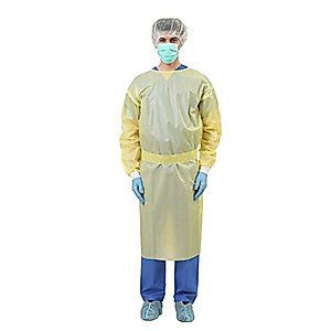 Medtecs Disposable Isolation Gowns - AAMI Level 4 PPSB+PE 36 gsm - 10/100 PC - Seal Tape & Elast Cuffs, Fluid Resistant Durable Comfortable PPE - CoverU Series, Unisex Adult | Yellow, 10 PC