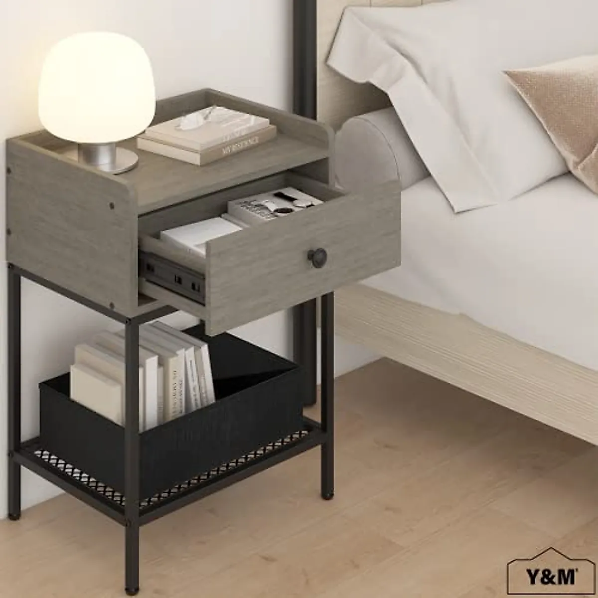 Y&M Nightstand, 1PC 2-Tier Side Table with Drawer, Modern Bedside Table Night Stand Storage Shelf for Small Spaces, Bedroom, Living Room, Wooden Accent Table with Metal Frame - Gray and Black