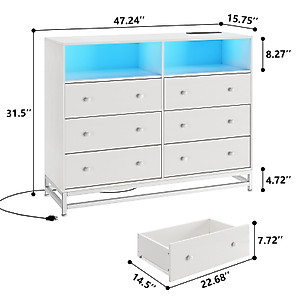 Jojoka Wide Dresser for Bedroom with Charging Station, 6 Drawer Dresser with LED Lights, Modern Large Capacity Storage Cabinet, Closet,White