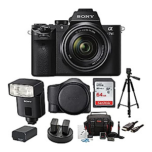 Sony Alpha a7II Mirrorless Digital Camera Bundle with 28-70mm Lens, External Flash, Cases, Tripod, Camera Bag, 64GB SD Card, Battery and Dual Charger, Lithium Ion Battery and HDMI Cable (9 items)