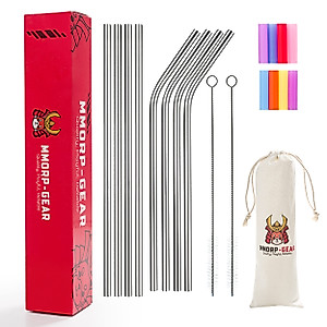 MMORP-GEAR Stainless Steel Straws with Silicone Tips - Reusable Straw Set with 4 Straight Metal Straws, 4 Long Bendy Drinking Straws, 8 Colored Tips, 2 Pieces Straw Cleaner Brush & 1 Travel Pouch