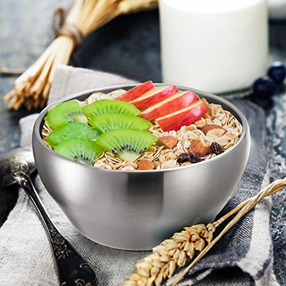 Youeon 3 Pack 25 Oz SUS304 Brushed Stainless Steel Bowls, Double Wall Insulated Bowl, Stainless Steel Soup Bowls, Metal Mixing Bowls, Nesting Bowls for Kids,Children, Matte Finish, BPA Free