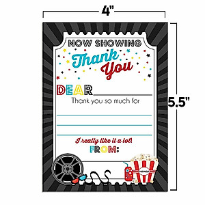 Bold Movie Night Birthday Thank You Notes, Ten 4" x 5.5" Fill In The Blank Cards with 10 White Envelopes by AmandaCreation