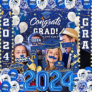 DMIGHT Blue Graduation Party Decorations Class Of 2024 Graduation Party Supplies with Grad Backdrop, Porch Sign with Led-Light Strips, Photo Booth Props,2024 Foil Balloons for Graduation Party